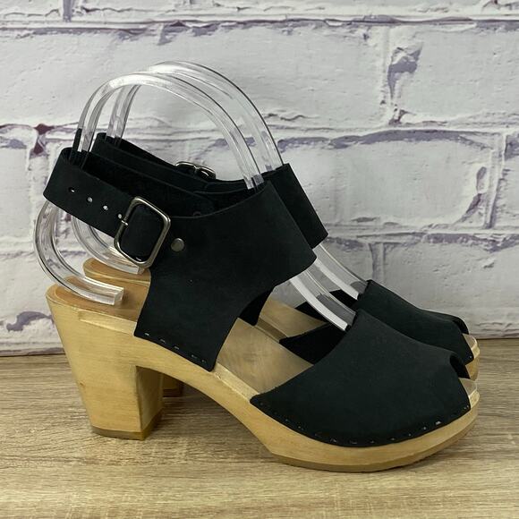 Bryr | Shoes | Bryr Miranda Black Leather Wooden Heel Sandal Clogs ...